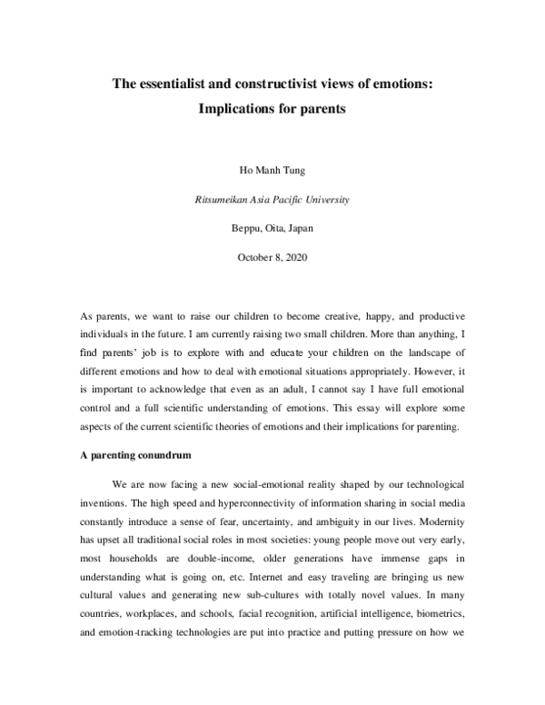 (PDF) The essentialist and constructivist views of emotions: Implications for parents
