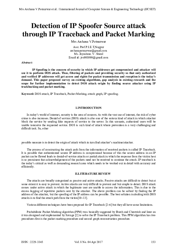 (PDF) Detection of IP Spoofer Source attack through IP Traceback and Packet Marking