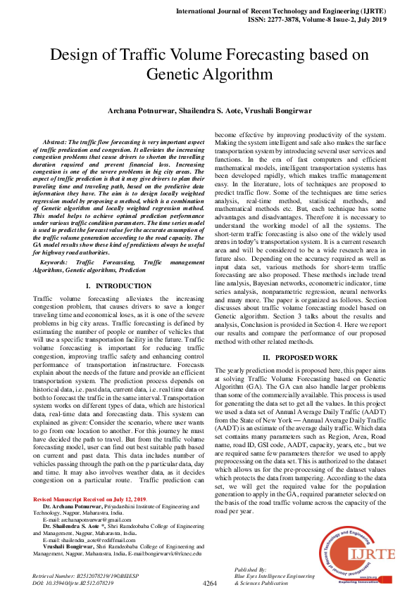 Pdf Design Of Traffic Volume Forecasting Based On Genetic Algorithm