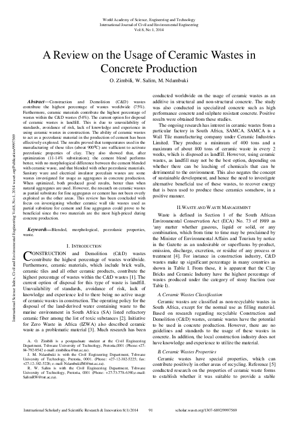 (PDF) A Review On The Usage Of Ceramic Wastes In Concrete Production