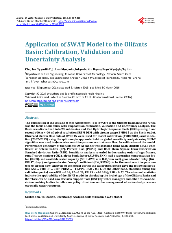 Pdf Swat Model Application In Olifants Basin Calibration And Analysis