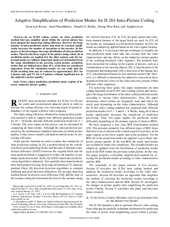 (PDF) Adaptive Simplification of Prediction Modes for H.264 Intra ...