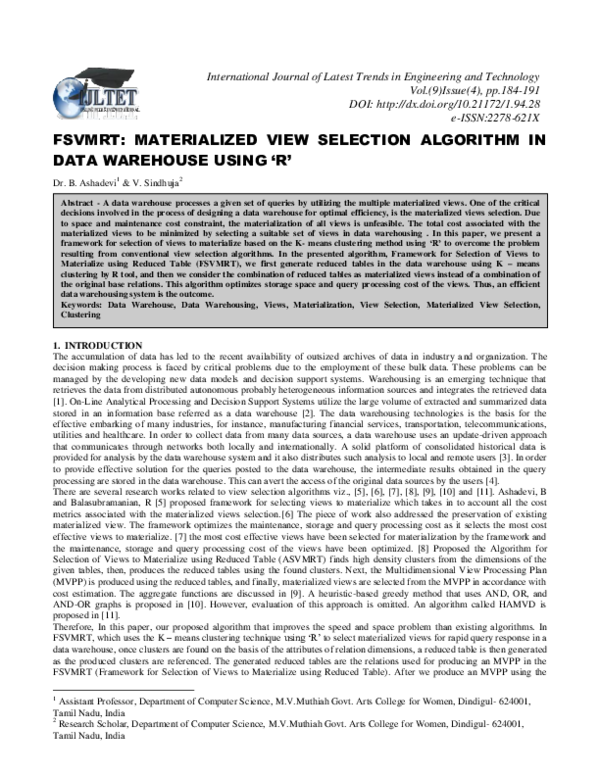 (PDF) FSVMRT: Materialized View Selection Algorithm in Data Warehouse Using ‘R’