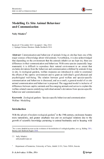 (PDF) Modelling Ex Situ Animal Behaviour and Communication