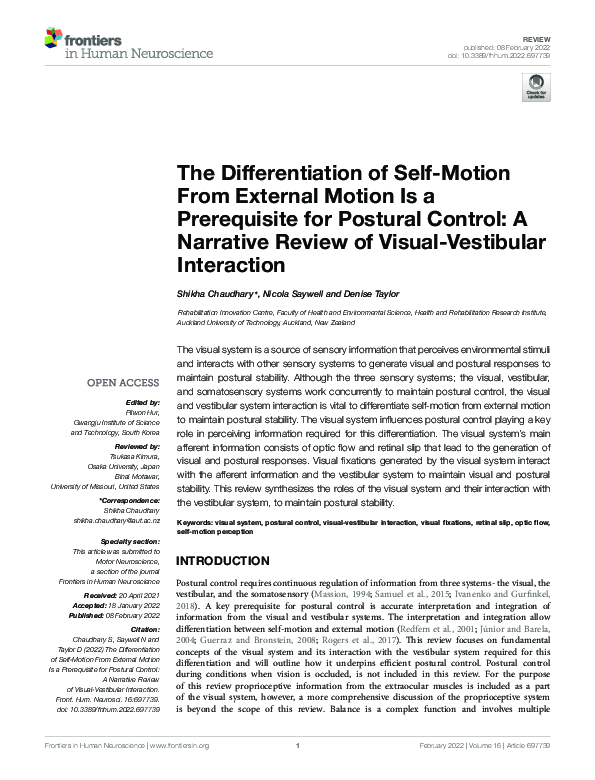 (PDF) The Differentiation of Self-Motion From External Motion Is a ...