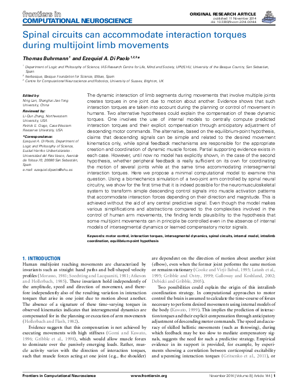 (PDF) Spinal circuits can accommodate interaction torques during multijoint limb movements