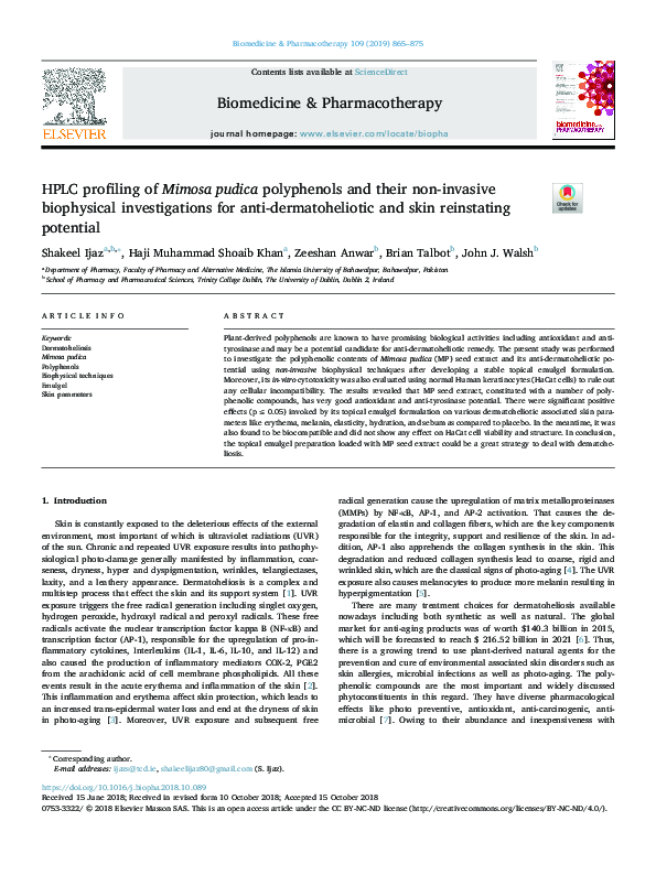 (PDF) HPLC profiling of Mimosa pudica polyphenols and their non-invasive biophysical ...