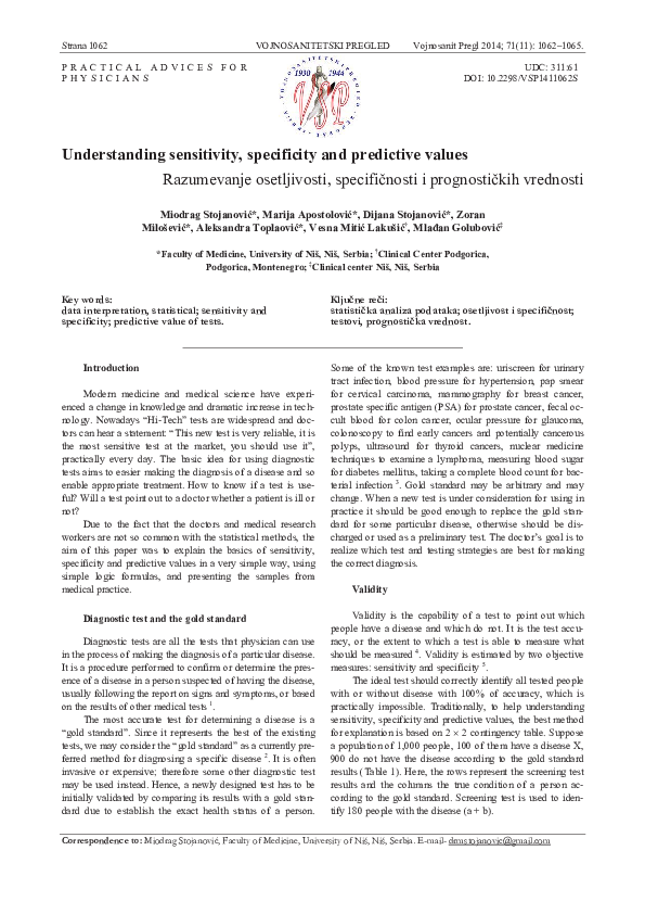 (PDF) Understanding sensitivity, specificity and predictive values