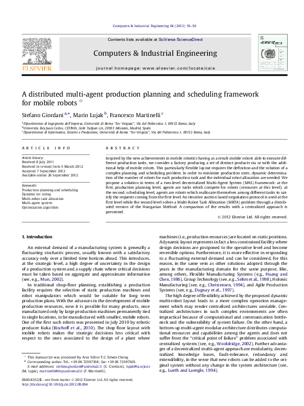 (PDF) A distributed multi-agent production planning and scheduling framework for mobile robots