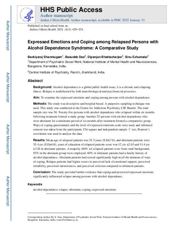 (PDF) Expressed Emotions and Coping among Relapsed Persons with Alcohol ...