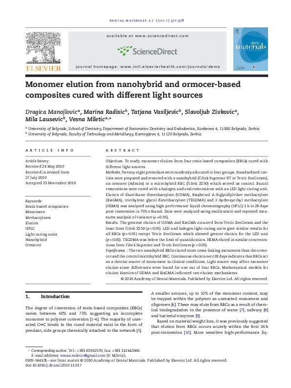 (PDF) Monomer elution from nanohybrid and ormocer-based composites ...