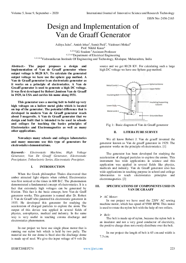 (PDF) Design and Implementation of Van de Graaff Generator