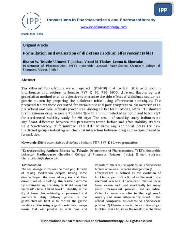 Pdf Formulation And Evaluation Of Diclofenac Sodium Effervescent Tablet
