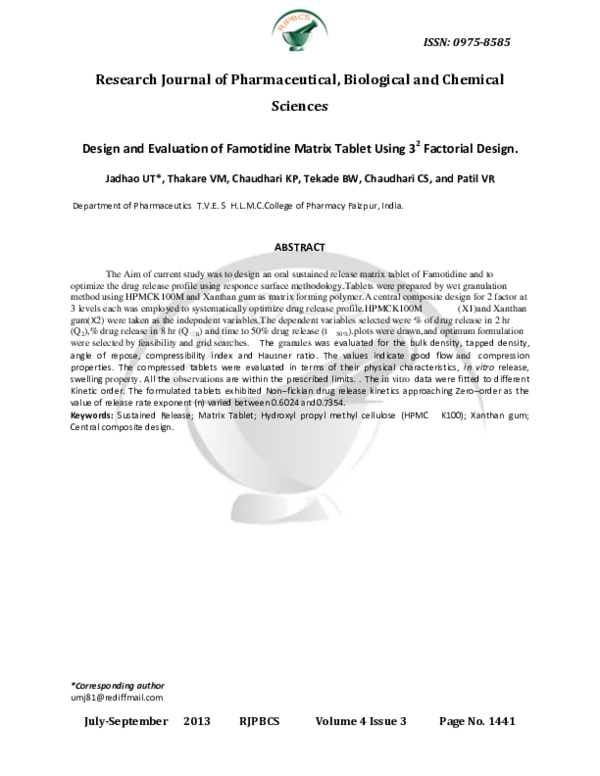 (PDF) Design and Evaluation of Famotidine Matrix Tablet Using 3 2 ...