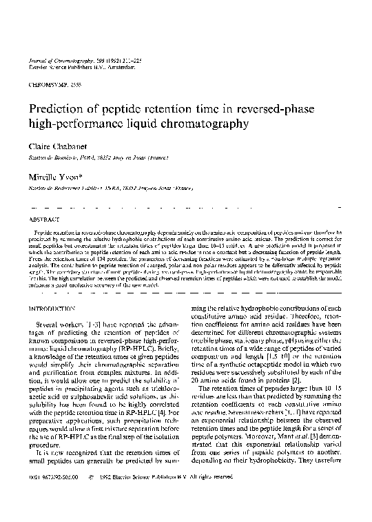 Pdf Prediction Of Peptide Retention Time In Reversed Phase High Performance Liquid Chromatography