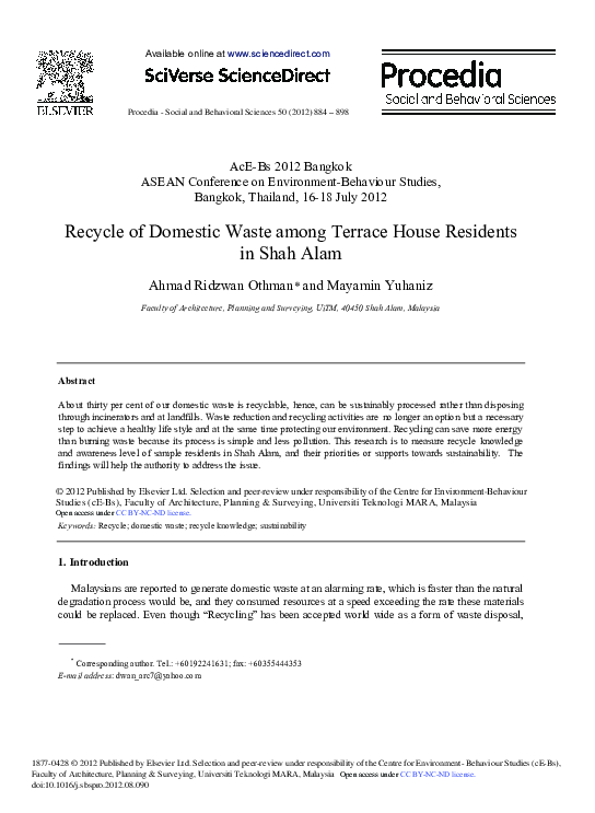 (PDF) Recycle of Domestic Waste among Terrace House Residents in Shah Alam