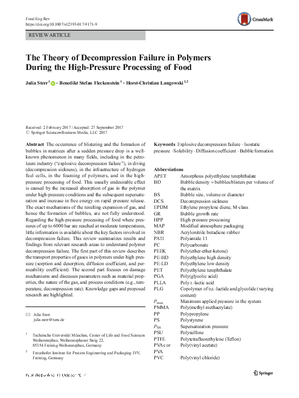 (PDF) The Theory of Decompression Failure in Polymers During the High-Pressure Processing of Food