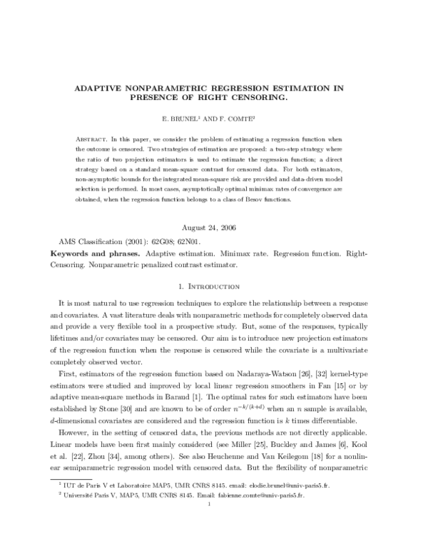 Pdf Adaptive Nonparametric Regression Estimation In Presence Of Right Censoring Elodie