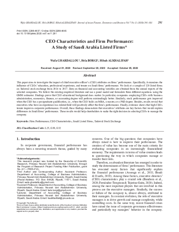(PDF) CEO Characteristics and Firm Performance: A Study of Saudi Arabia ...