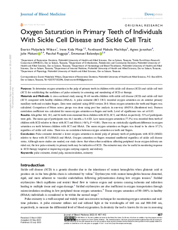 (PDF) Oxygen Saturation in Primary Teeth of Individuals With Sickle ...