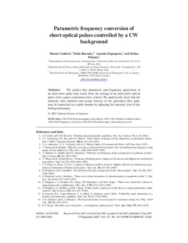 (PDF) Parametric frequency conversion of short optical pulses controlled by a CW background