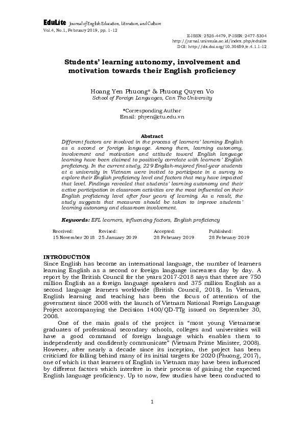 (PDF) Students learning autonomy, involvement and motivation towards their English proficiency