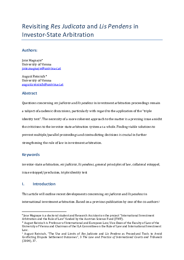 (PDF) Revisiting Res Judicata and Lis Pendens in Investor-State Arbitration