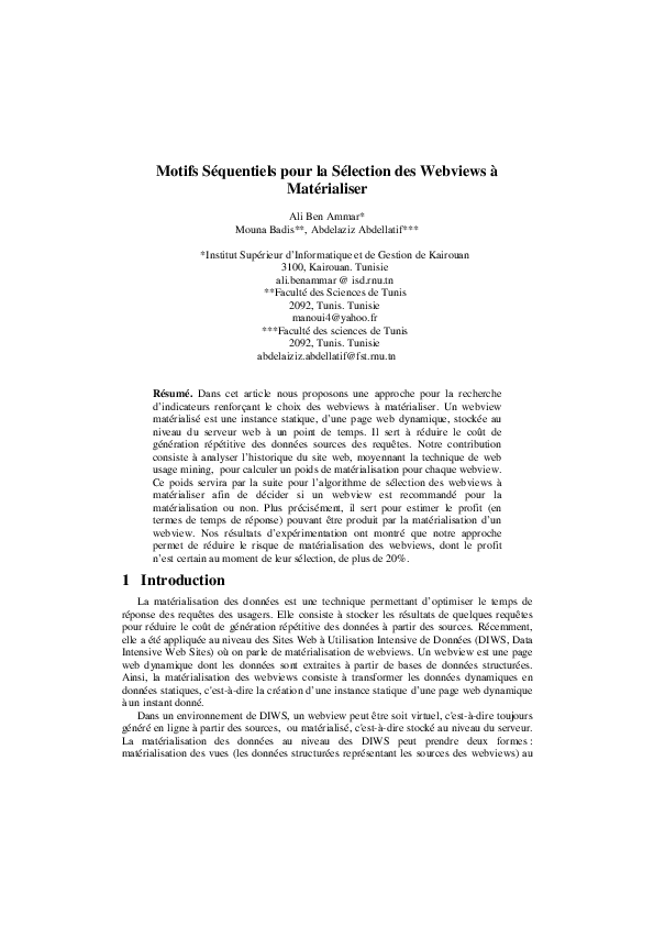 (PDF) Motifs séquentiels pour la sélection des webviews à matérialiser