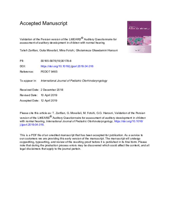 (PDF) Validation of the Persian version of the LittlEARS® auditory ...