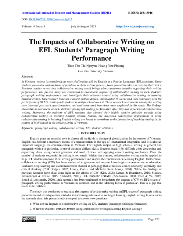 (PDF) The Impacts of Collaborative Writing on EFL Students’ Paragraph ...