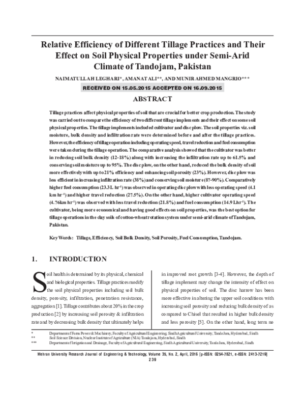 (PDF) Relative Efficiency of Different Tillage Practices and Their Effect on Soil Physical ...
