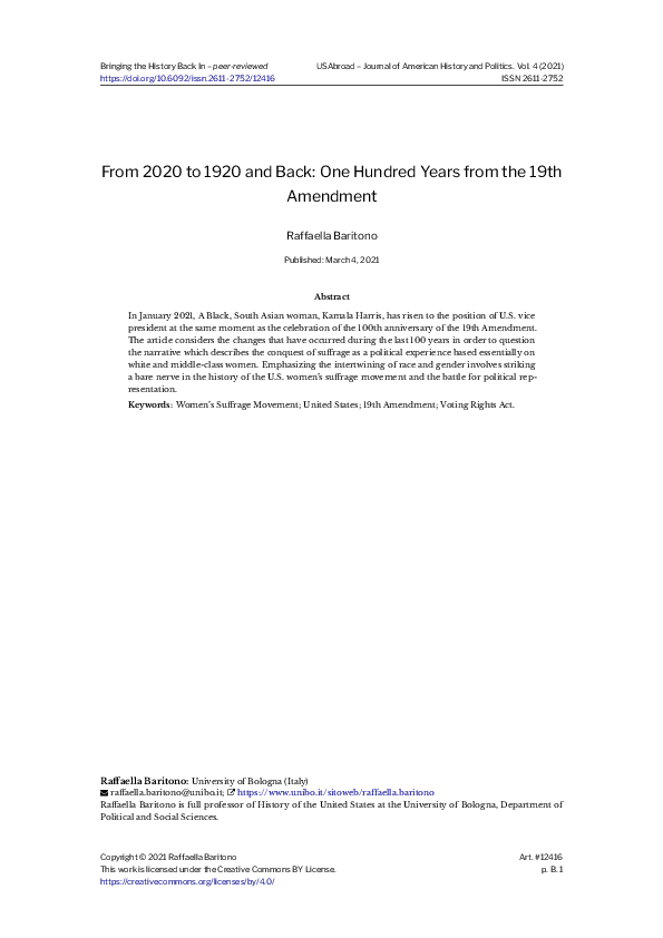 (PDF) From 2020 to 1920 and Back: One Hundred Years from the 19th Amendment