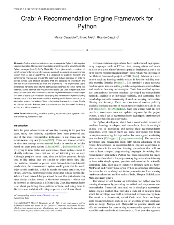 (PDF) Crab: A Recommendation Engine Framework for Python