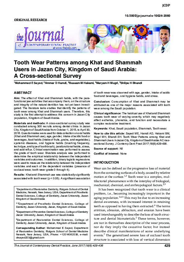 (PDF) Tooth Wear Patterns among Khat and Shammah Users in Jazan City ...