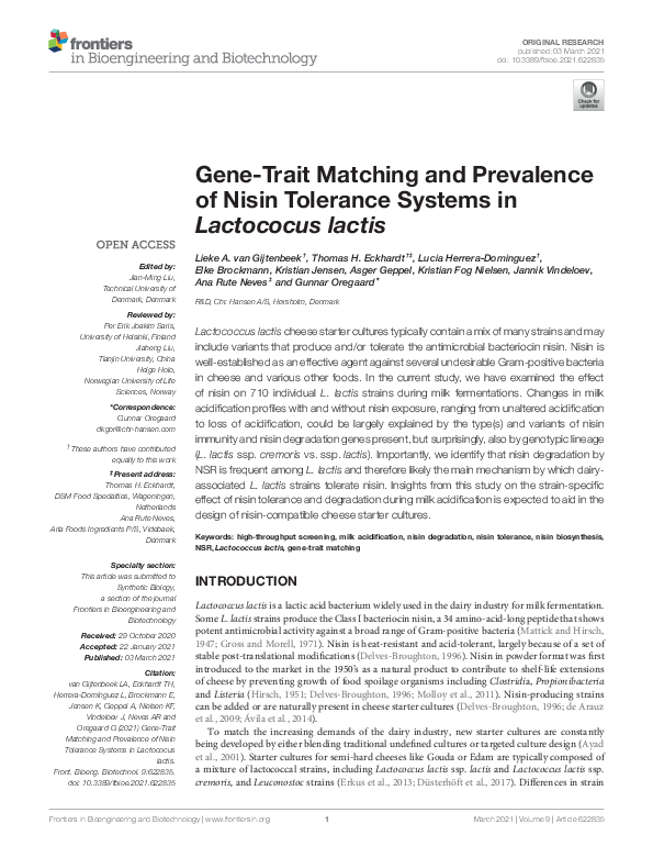 (PDF) Gene-Trait Matching and Prevalence of Nisin Tolerance Systems in Lactococus lactis