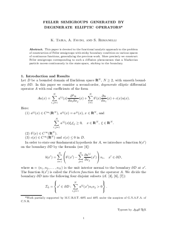 (PDF) Feller Semigroups Generated by Degenerate Elliptic Operators
