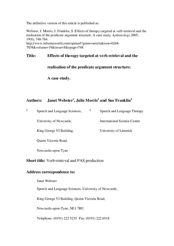 (PDF) Effects of therapy targeted at verb retrieval and the realisation of the predicate ...