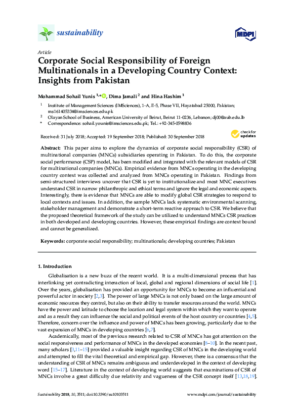 (PDF) Corporate Social Responsibility of Foreign Multinationals in a ...