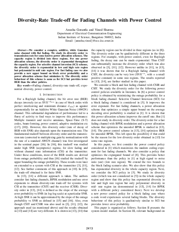 (PDF) Diversity-rate trade-off for fading channels with power control