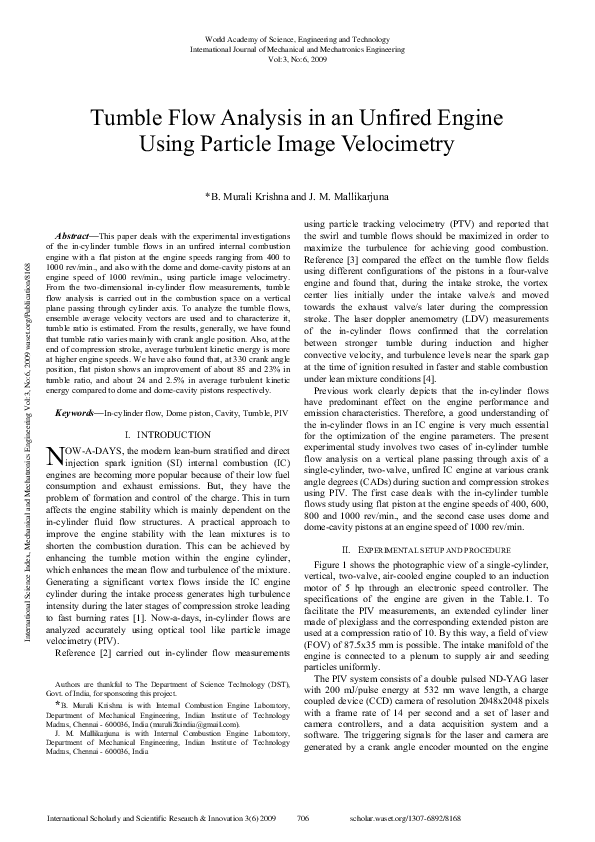 (PDF) Tumble Flow Analysis In An Unfired Engine Using Particle Image ...