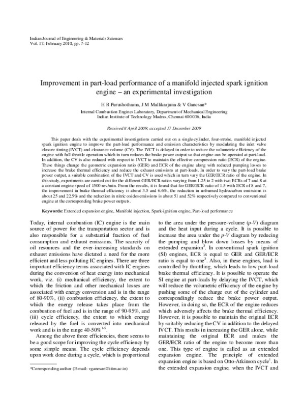 Pdf Improvement In Part Load Performance Of A Manifold Injected Spark