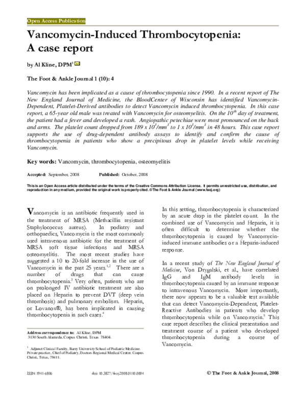 (PDF) Vancomycin-Induced Thrombocytopenia: A case report