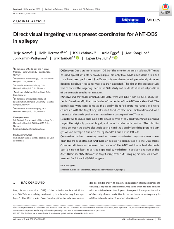 (PDF) Direct visual targeting versus preset coordinates for ANT‐DBS in ...
