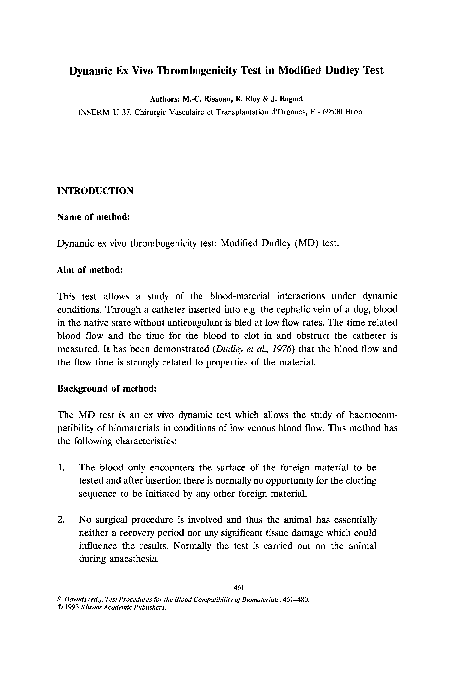 (PDF) Dynamic Ex Vivo Thrombogenicity Test in Modified Dudley Test