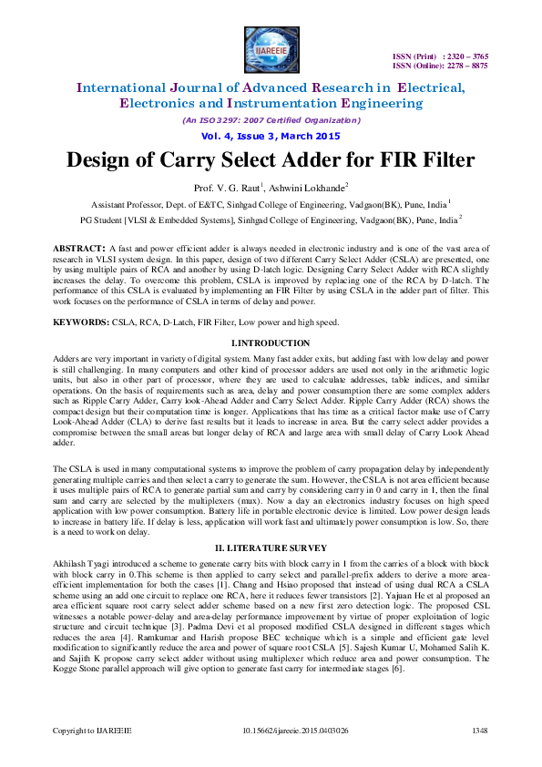 (PDF) Design of Carry Select Adder for FIR Filter