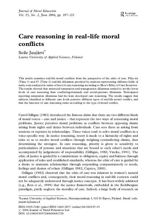 (PDF) Care reasoning in real‐life moral conflicts