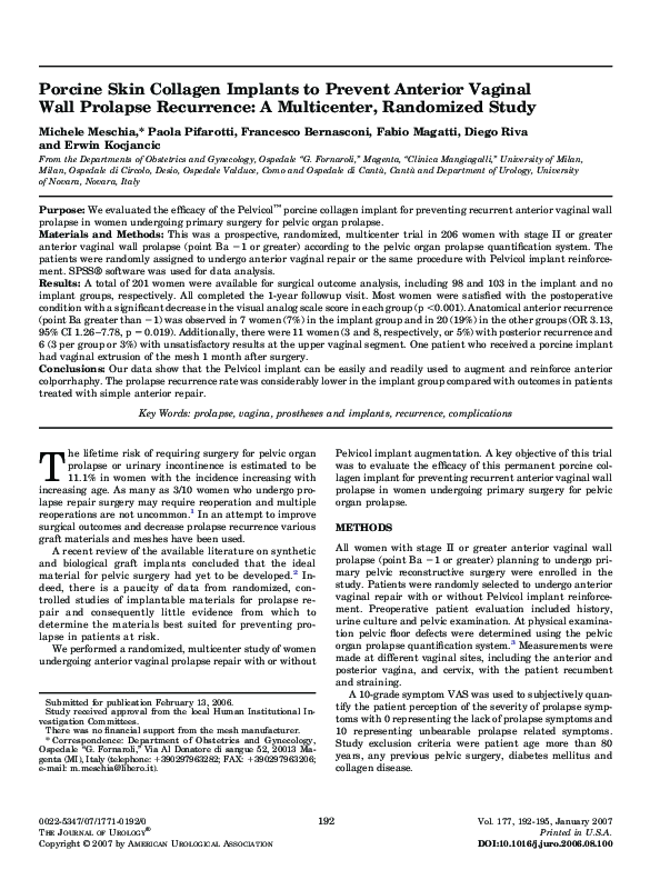 (PDF) Porcine Skin Collagen Implants to Prevent Anterior Vaginal Wall ...