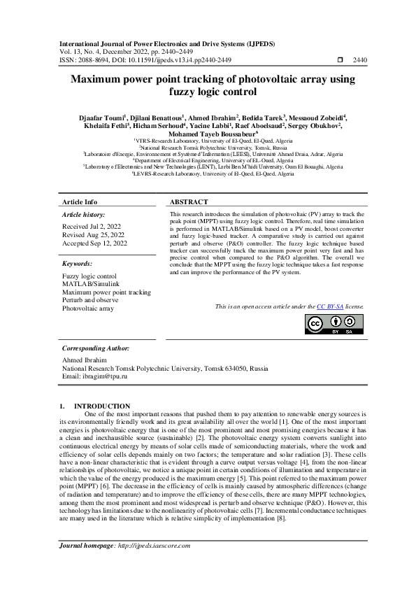 Pdf Maximum Power Point Tracking Of Photovoltaic Array Using Fuzzy Logic Control Messaoud