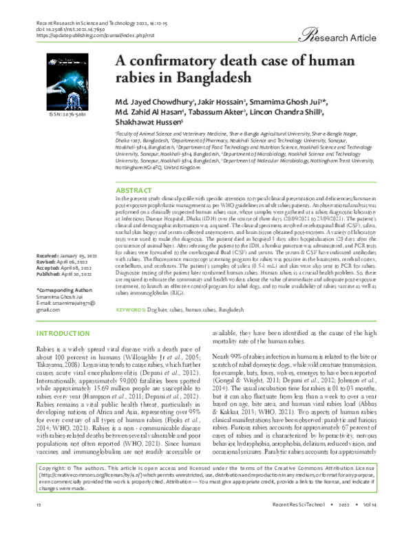(PDF) A confirmatory death case of human rabies in Bangladesh