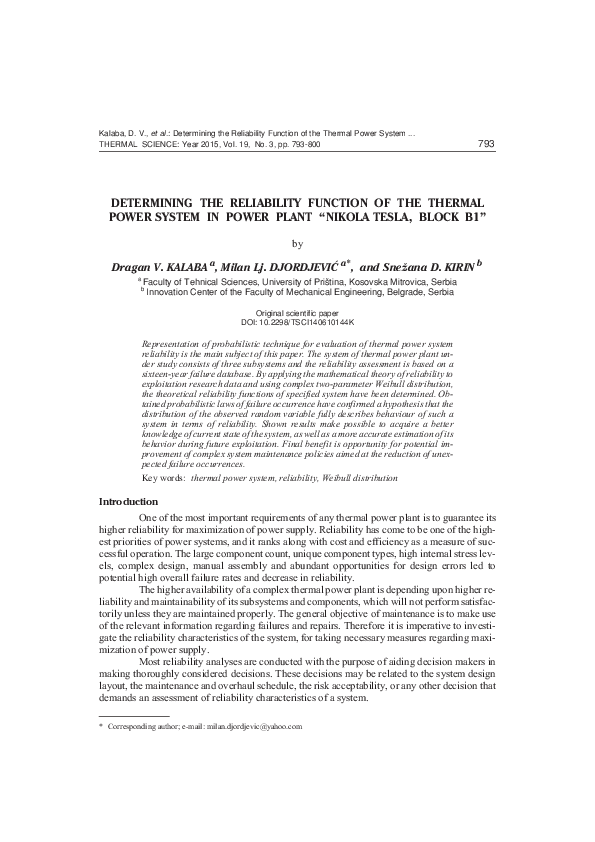 (PDF) Determining the reliability function of the thermal power system in power plant "Nikola ...